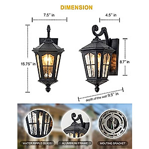 GYDZ Outdoor Wall Mount Light Fixture, Dusk to Dawn Outdoor Porch Light, Exterior Light Fixture Wall Mount, Anti-Rust Waterproof Matte Black Wall Light with Water Ripple Glass for Doorway,15'75''H