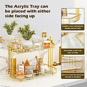 WELLFAST Bathroom Organizer Countertop Perfume Organizer Skincare Organizers 2 Tier Bathroom Tray Stainless Steel Gold Shelf Acrylic Tray