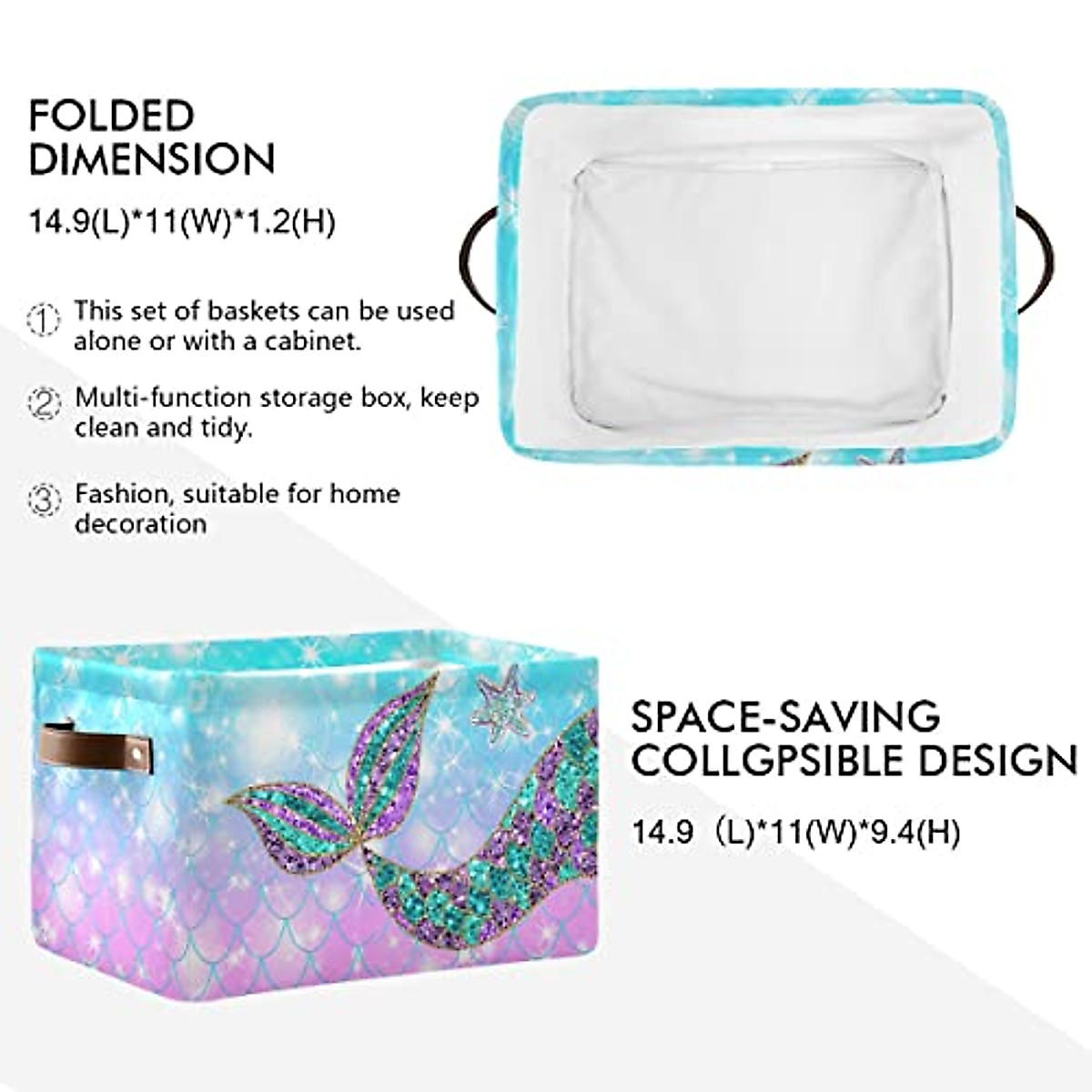 Rectangular Storage Basket Storage Bin - Mermaid Fish Scale Collapsible Storage Box with Leather Handles Shelf Basket Organizer for Home,Office,Nursery,Dorm,Shelf