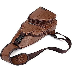 Men's Leather Sling Bag Multipurpose Daypack Shoulder Chest Crossbody Bag Black with USB Charging Port (Brown)