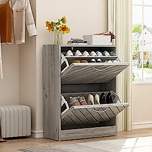 AGOTENI Shoe Cabinet with 2 Flip Drawers, Shoe Storage Organizer with 2-Tier Shelf for Entryway, Freestanding Shoe Rack Storage Organizer, Grey