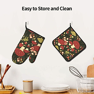 Vintage Mushroom Oven Mitts and Pot Holders Sets of 2, Non-Slip Cooking Hot Pads Washable Heat Resistant for Kitchen Microwave BBQ Baking Grilling