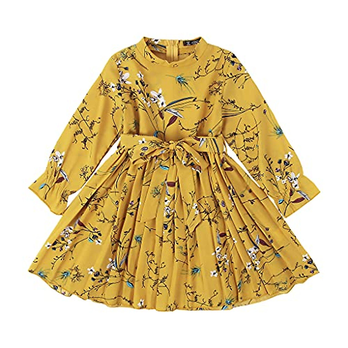 CM C&M WODRO Toddler Baby Girl Floral Dress Long Sleeve Mustard Yellow Dresses Flower Print Ruffle Playwear Fall Winter Dress(Yellow,5-6 Years)