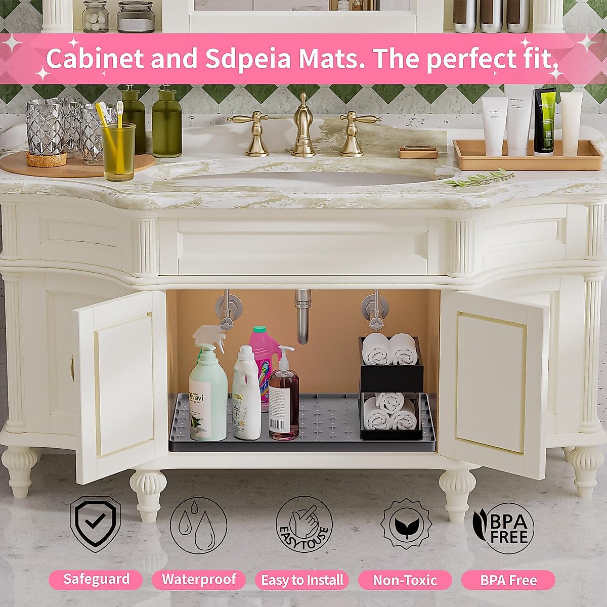 Sdpeia Under Sink Mat for [25" x 22"] Cabinet, Upgraded Silicone Waterproof Mat Kitchen Cabinet Liner Cabinet Protector Kitchen Organizers and Storage