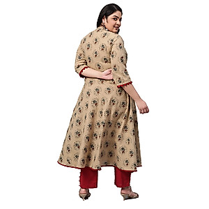 Yash Gallery Women's Cotton Blend Printed Anarkali Kurta (Beige)