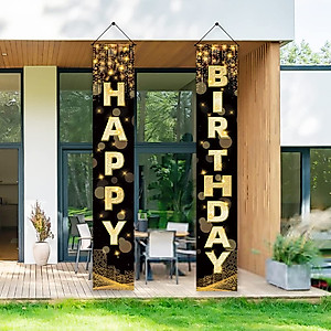 Happy Birthday Decorations Banner for Men Women Boys Girls, Black Gold Birthday Porch Sign Birthday Party Supplies Background for Birthday Party Favor Door Decorations, 72 x 12 Inch