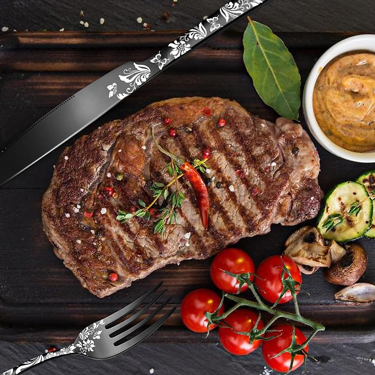 XIAOYU 5 Pieces Silverware Set, Black Flatware Set, Stainless Steel Mirror Polished Cutlery Set, Spoons Forks Knives Set with Unique Floral Laser, Rainbow