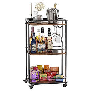 IBUYKE 3-Tier Home Bar Serving Cart,Kitchen Storage Carts with Wheels,11.79x15.72x33.01 inches,Rolling Mini Bar Cart for Home, Outdoor, Kitchen, Bedroom TMJ319H