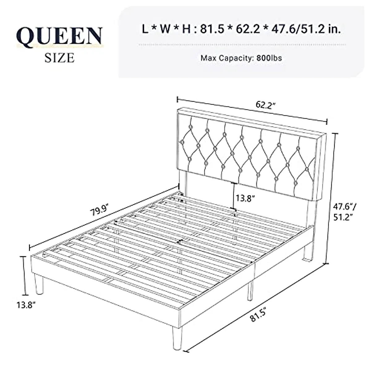 Allewie Queen Size Bed Frame Upholstered Platform Bed with Adjustable Headboard, Button Tufted, Wood Slat Support, Easy Assembly, Blue