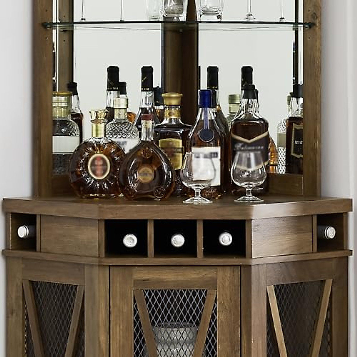 Home Source 73" Tall Corner Bar Unit Reclaimed Barnwood Wine Cabinet with Storage, Lower Mesh Doors, Upper Liquor Shelf galss holder, for Home Bar, Living Room, Kitchen, Mini Space, Reclaimed Barnwood