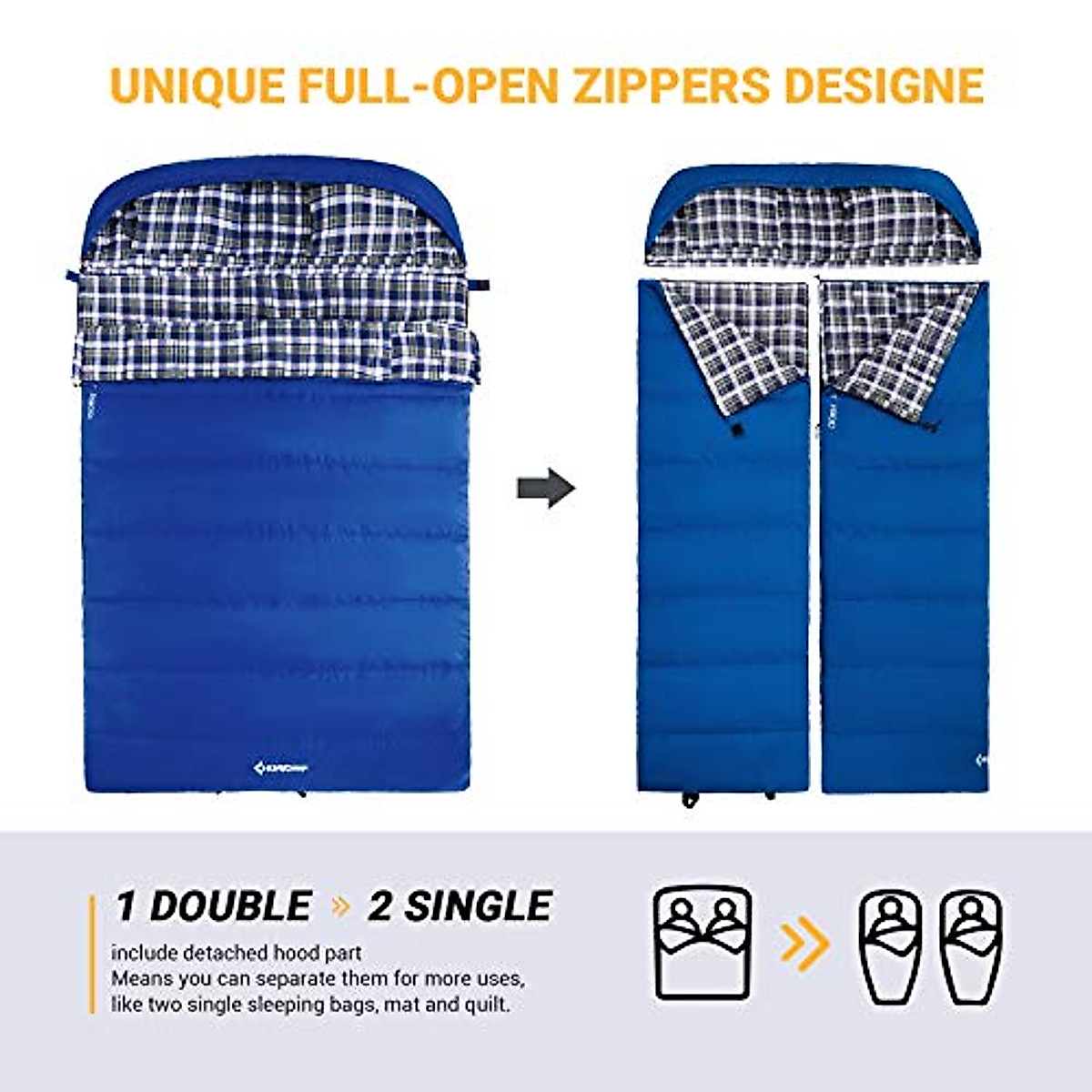 KingCamp Camping Double Sleeping Bags, 3 Season Cotton Flannel Lining Double Layer Sleeping Bag 2 Person Couple Waterproof Lightweight Backpacking Hiking Outdoors with Pillow and Carry Bag Queen Size