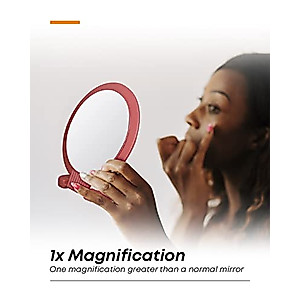 Double Sided Magnifying Mirror - Vanity Round Makeup Mirror with 1x and 5x Magnification - Mirror Stand with Adjustable Handle - Light, Compact Mirror - Portable, Standing Mirror for Travel (Red)