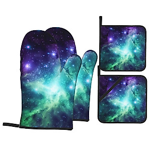 Oven Mitts and Pot Holders Set of 4 Green Blue Purple Galaxy Print Kitchen Oven Glove Fashion Heat Resistant Oven Gloves Set for BBQ Grill Baking Cooking Oven Microwave