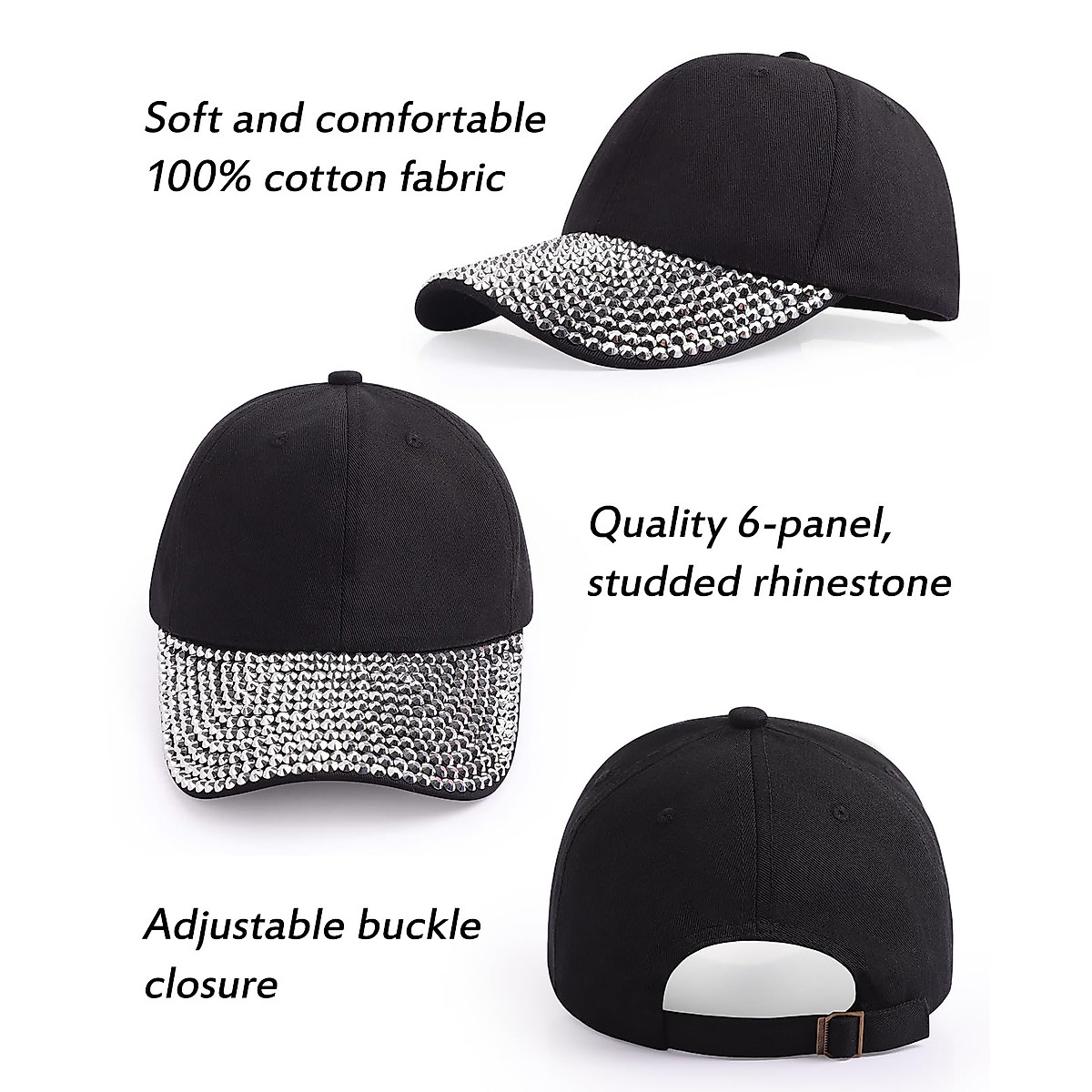 Ztl Womens Studded Rhinestone Baseball Cap Dad Trucker Hat Sparkle Bling Sun Hat A - Black