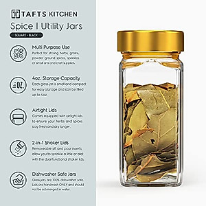 Tafts SQUARE Glass Spice Jars & Bottles l 33% Thicker - 12 Pcs Glass Spice - 3 oz or 4oz Empty Glass Spice Seasoning Containers l Shaker Lids and Airtight Caps l Aluminum Finish (Square, Gold)