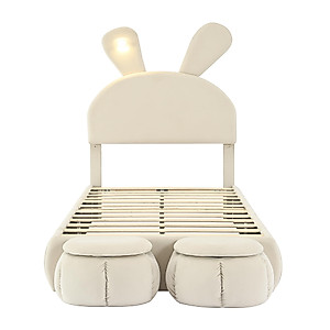 Twin Size Upholstered Platform Bed with Cartoon Ears Shaped Headboard and 2 Small Storage Stools, Velvet Kids Platform Bed Frame with Light for Boys Girls Bedroom, Sturdy Slatted Support (Beige-Ears)