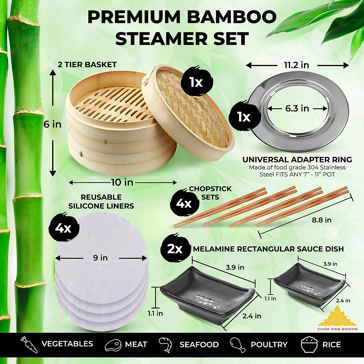 Chok Dee Goods Bamboo Steamer Premium Set, Stainless Steel Cooking Ring Included, 1 10" 2 Tier Basket, 1 Stainless Steel Cooking Ring, 4 Sets of Chopsticks, 4 Reusable Silicone Liners, 2 Sauce Dishes