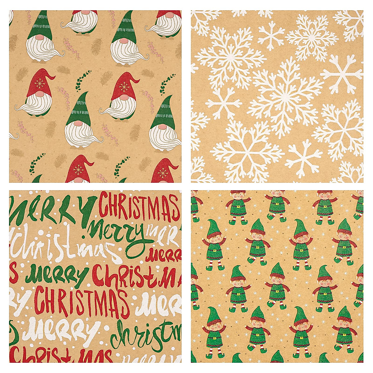 RUSPEPA Christmas Wrapping Paper, Kraft Paper - Santa Claus, Gnome, Snowflake and Merry Christmas - 4 Rolls - 30 inches x 10 feet per Roll