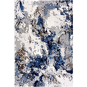 Abani Transitional Rugs Grey & Blue Swirl 5'3"x7'6" (5x8) Area Rug - Abstract Marble Watercolor No-Shed Premium Dining Room Rug