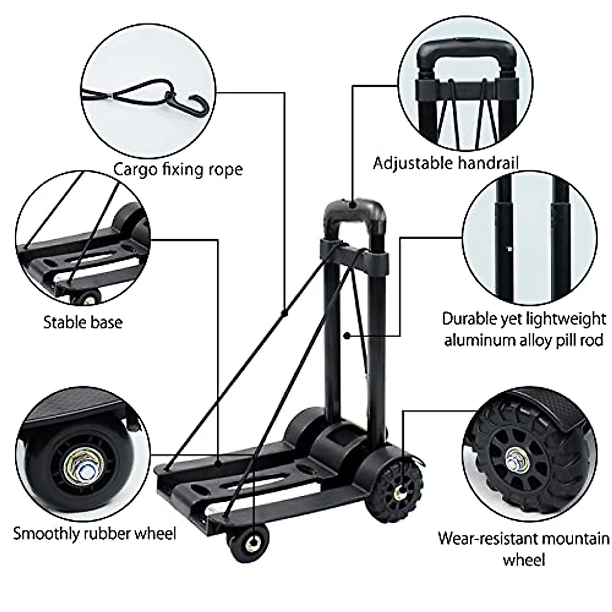 MAYQMAY Folding 4-Wheels Trolley Hand Truck Dolly 100 lbs / 45 KG Compact Luggage Cart for Travel, Moving and Office Use, Black