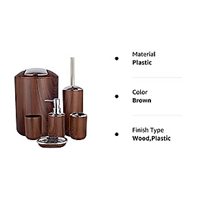 Bathroom Accessories Set 6 Piece Plastic Bath Ensemble Soap Dispenser Toothbrush Holder, Tumbler Soap Dish Soap Saver Trash Can Toilet Brush Holder Decorative Countertop Bathroom Accessoy Set (Brown)