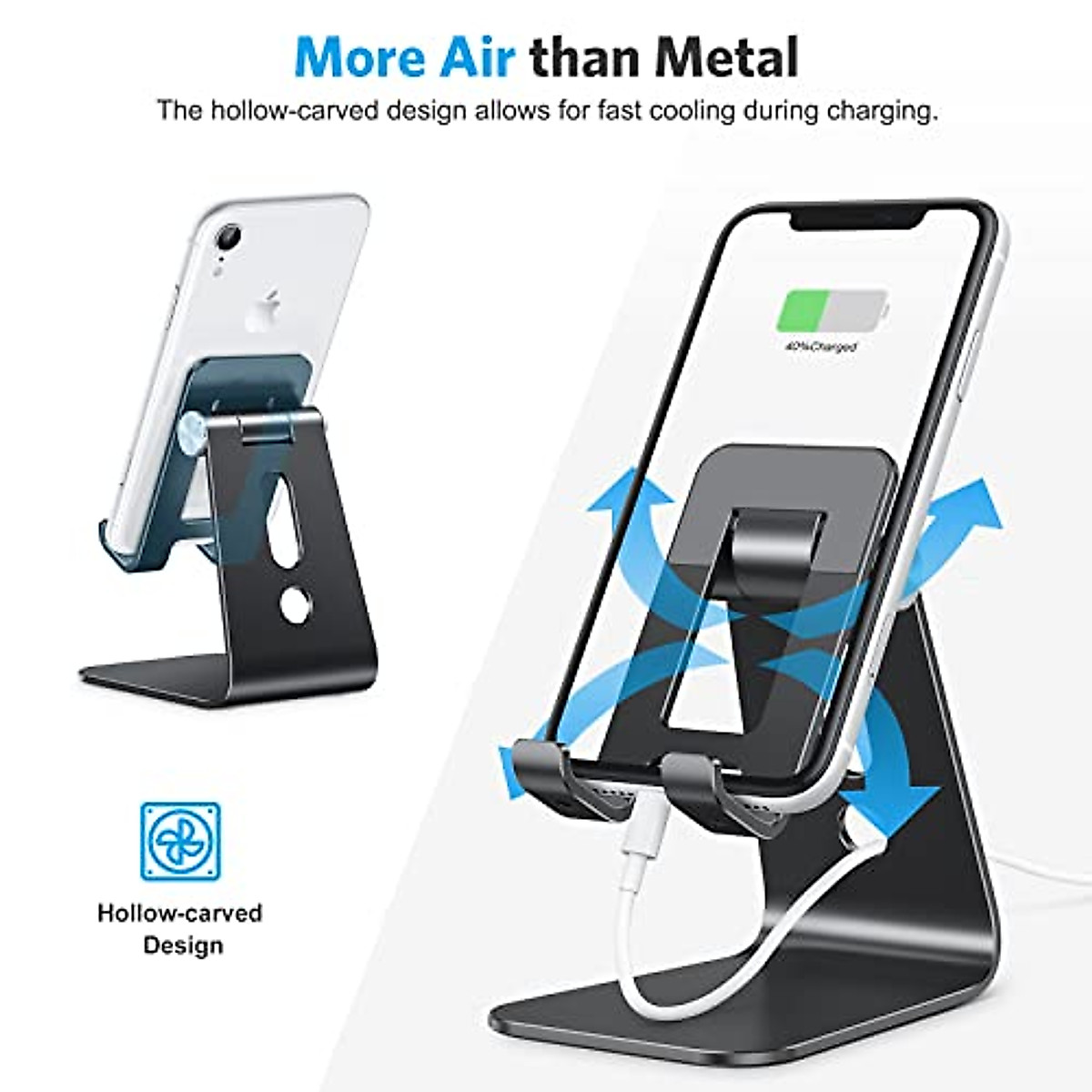 OMOTON C3 Cell Phone Stand for Desk, Larger and Exceptionally Stable, Adjustable Phone Cradle Holder with Bigger Body & Longer Arm, Compatible with iPhone, Tablets (7-10") and More,Black