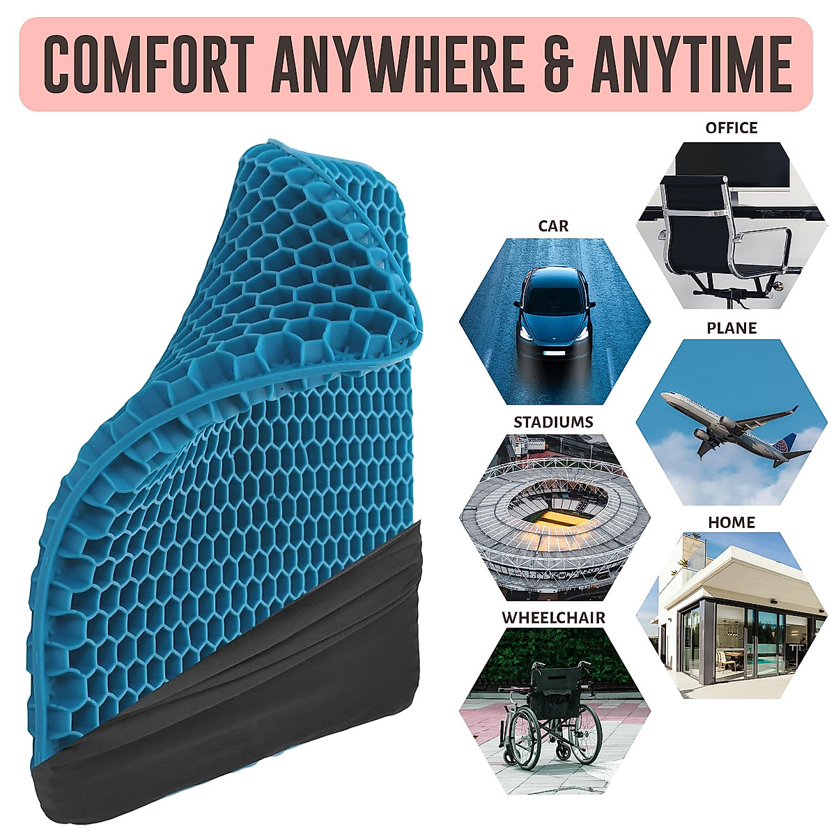 Gel Seat Cushion for Long Sitting - Honeycomb Cooling Pad with 1.2" Inches of Gel Padding & Padded Cover for Driving, Office Chair, Car or Wheelchair - Sciatica, Tailbone and Pressure Relief Pillow
