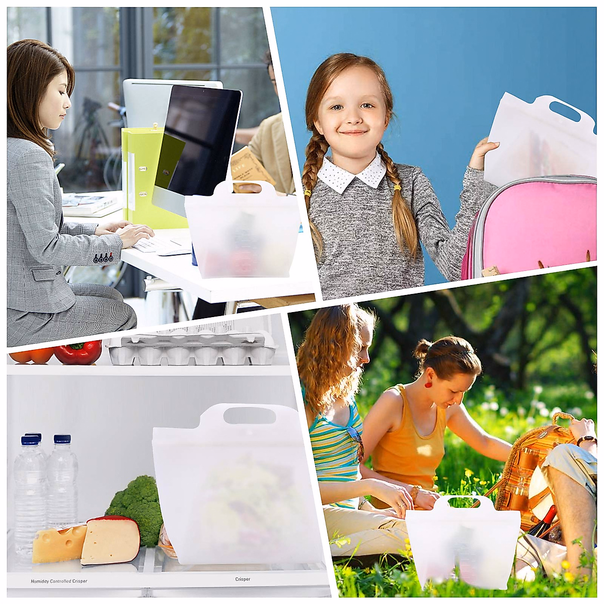 LONGFITE Food Storage Bag Extra Large Half Gallon Size Silicone Reusable Freezer Container Bags with Handles 70 oz, 2000ml, 2 Pack