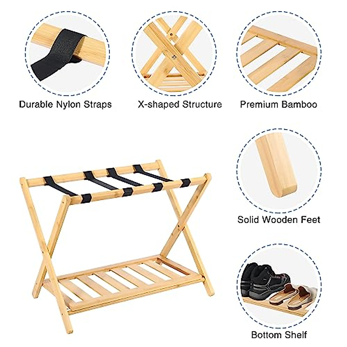 ALAPUR Bamboo Luggage Rack for Guest Room, Folding Luggage Holder with Storage Shelf , Suitcase Stand for Bedroom,Guest Room,Hotel