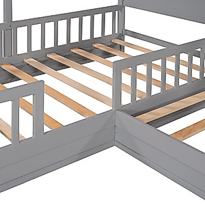 L Shaped Bed Frame with Roof, Twin Corner Bed House Bed for Kids, Solid Wood Twin Platform Bed Frame for 2 People (Twin Size, Gray)
