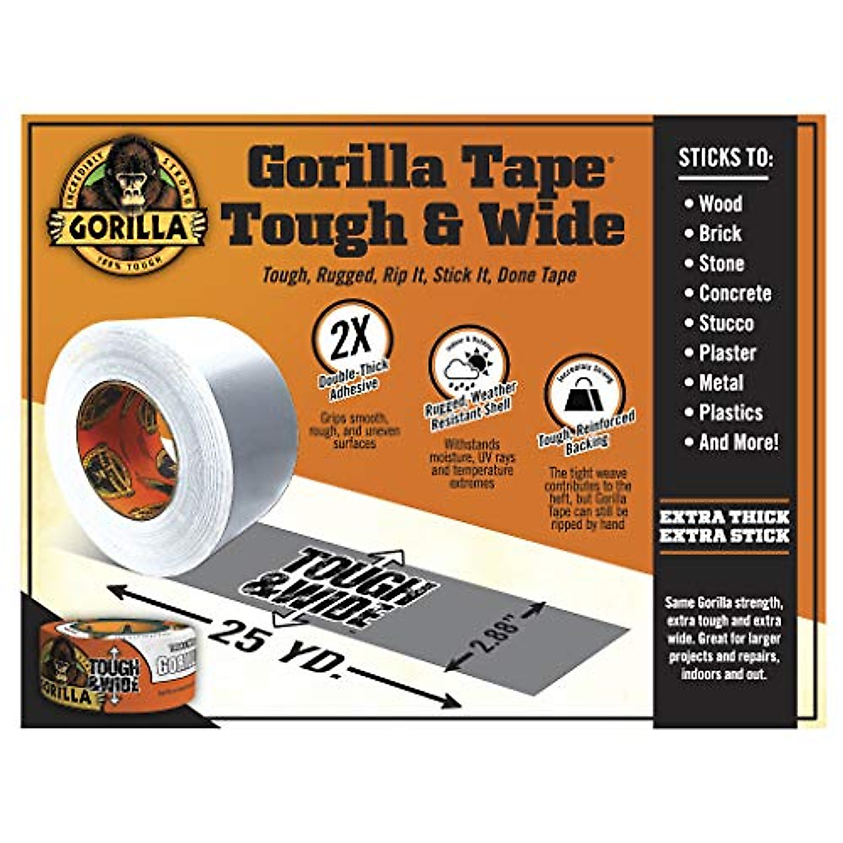 Gorilla Tough & Wide Duct Tape, 2.88" x 25 yd, White, (Pack of 4)