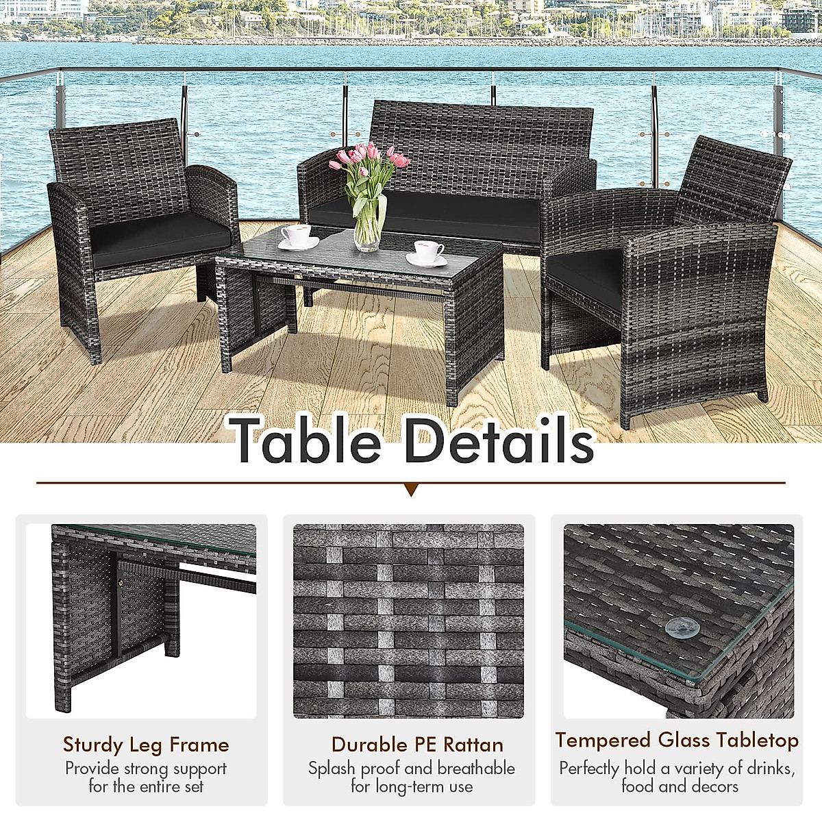 Goplus 4-Piece Rattan Patio Furniture Set, Outdoor Wicker Conversation Sofa with Weather Resistant Cushions and Tempered Glass Tabletop for Lawn Backyard Pool Garden (Black)