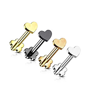 Satix 16G Black Heart Shaped Titanium Labret Flat Back Labret Monroe Lip Ring Tragus Helix Cartilage Earring Stud Barbell 8mm - 5/16" Bar Body Piercing Jewelry