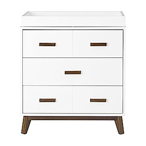 Babyletto Scoot 3-Drawer Changer Dresser with Removable Changing Tray in White and Natural Walnut, Greenguard Gold Certifie