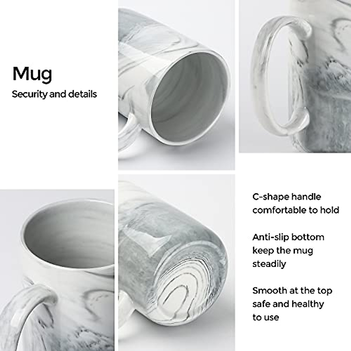 Smilatte 14 OZ Marble Coffee Mugs, M068 Novelty Marble Ceramic Cup for Home and Office, Microwave Dishwasher Safe, Set of 4, Gray