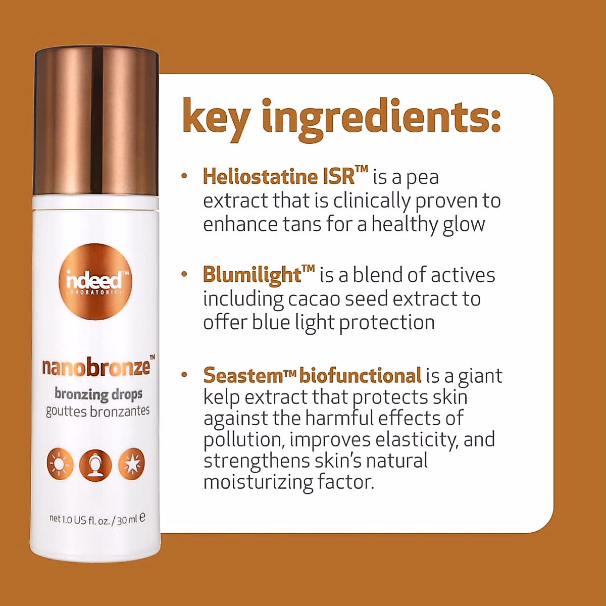Indeed Labs Nanobronze Drops - Get a sun-kissed glow without the sun! Bronzing drops with hyaluronic acid instantly bronze, blur, and hydrate skin. 30ml