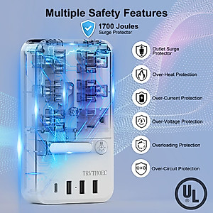 Surge Protector Wall Outlet with USB C Port 6AC Outlet Outlet Extension with Shelf Convenient Placement for Mobile Phones Suitable for Home Office Travel