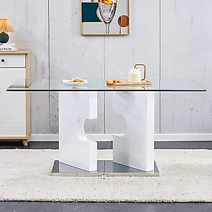 63'' Glass Dining Table for 6, 0.39" Tempered Glass Tabletop and White MDF Base,Large Dining Room Table for Home Kitchen Banquet Hall,Luxury Glass Table for Living Room Meeting Room(No Chair)