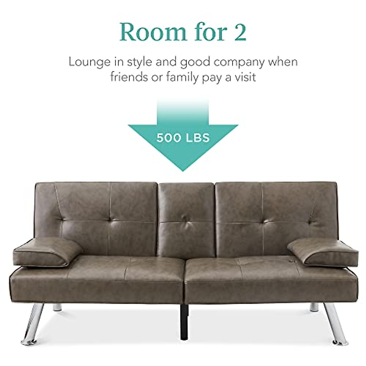 Best Choice Products Faux Leather Upholstered Modern Convertible Folding Futon Sofa Bed for Compact Living Space, Apartment, Dorm, Bonus Room w/Removable Armrests, Metal Legs, 2 Cupholders - Gray