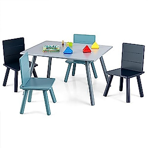 Costzon Kids Table and Chair Set, 5-Piece Toddler Table & 4 Chairs w/Toy Bricks for Arts, Crafts, Snack Time & Homework, Classroom Playroom Daycare Furniture for Boys & Girls Age 3-7 (Grey, Blue)