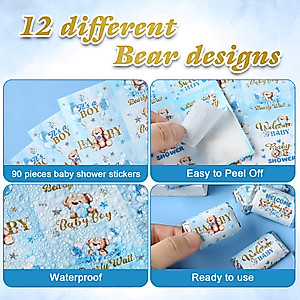 Baby Shower Candy Wrappers, Shower Mini Candy Bar Miniatures Wrappers Chocolate Bar Label Stickers for Boys Girls Kids Baby Shower Decor (No Candy)(Blue Bear, 90 Pieces)