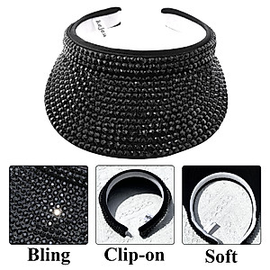 Women Sun Visor Hat Bling Crystals Summer Cap Shiny Rhinestone Men Caps Adjustable Wide Brim Clip On Visors Fashion Party Outdoor Sport Hats Golf Beach Tennis (Black)