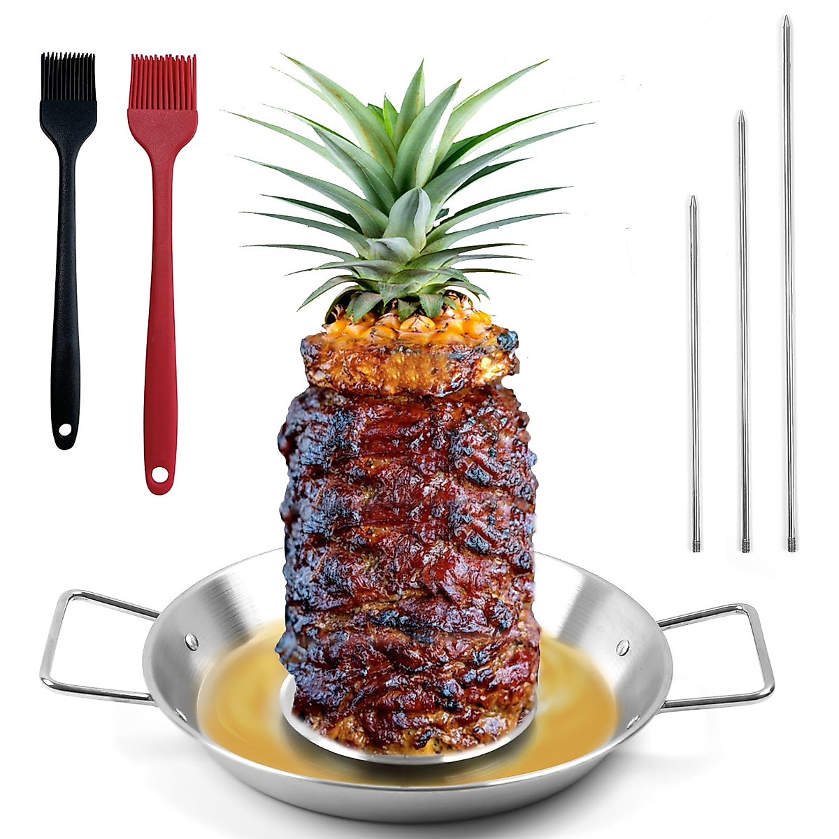 Fengzhe Al Pastor Skewer for Grill, Stainless Steel Vertical Skewer, Brazilian Spit Stand with 3 Spikes,2 Brushes,Ideal for Tacos Al Pastor,Shawarma, Kebabs on Smoker, Oven,with Fat Separator Tray.
