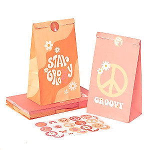 A1diee 24Pcs Groovy Retro Hippie Boho Party Favors Bags with Stickers Star Groovy Snacks Candy Party Favors Supplies Paper Bags Rainbow Pink Orange Gift Bags for Girls Birthday Baby Shower Wedding