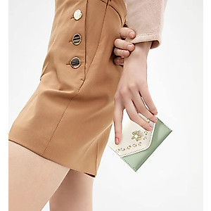 kuifang Girls Cute flowers Print Wallet, Small Tri-folded Aesthetic Wallet, PU Leather Purse Cash Pocket Card Holder ID Window Purse for Women(Green)