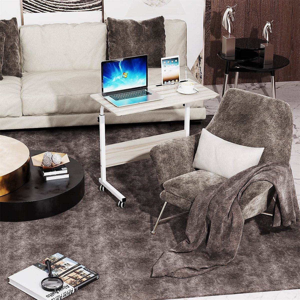 SogesPower 31.5 inches Mobile Laptop Desk with Slot Adjustable Side Table Computer Stand for Bed Sofa, White Maple