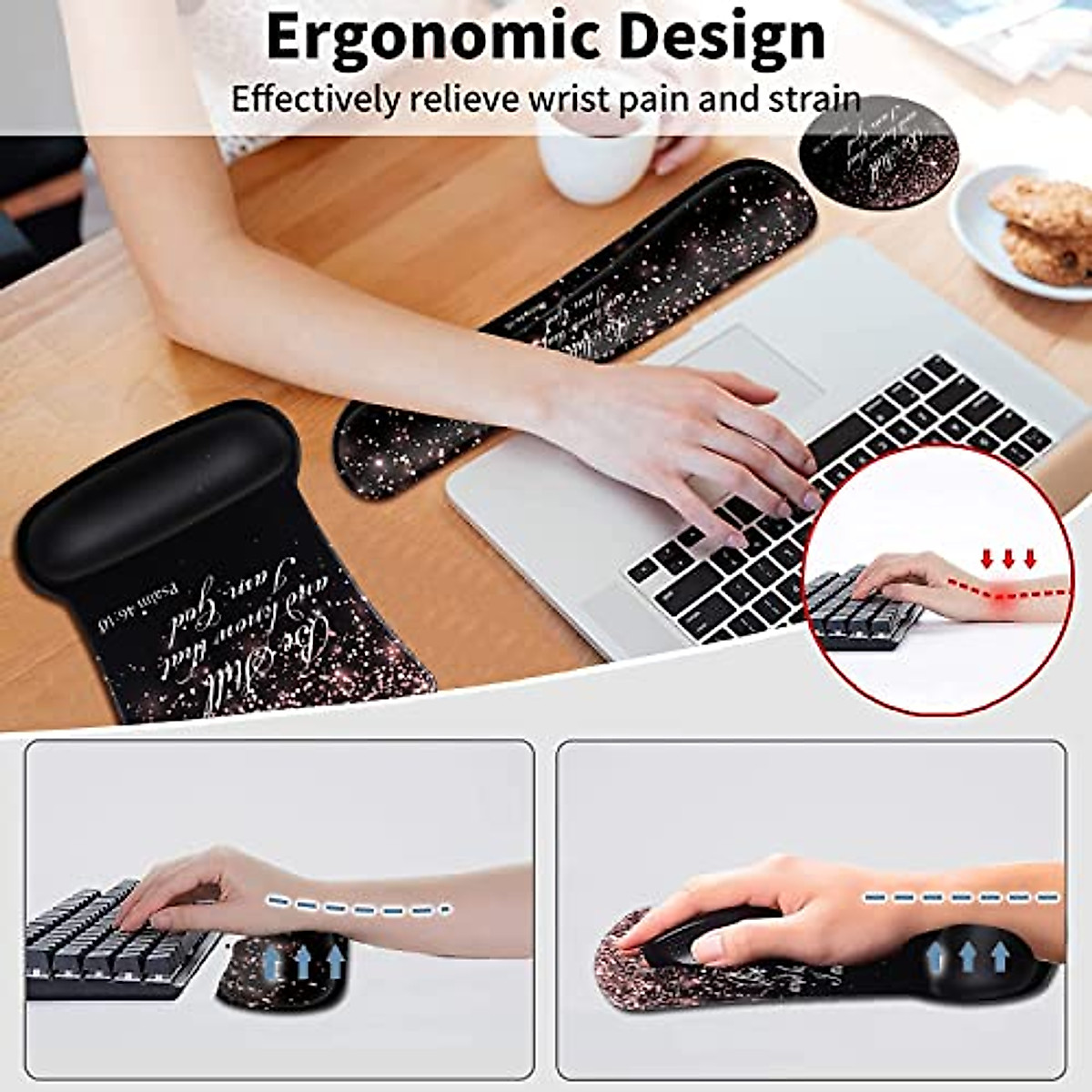Keyboard Wrist Rest and Mouse Pad with Wrist Support, Ergonomic Gel Mouse Pad and Coaster, for Easy Typing Pain Relief, Memory Foam Keyboard Wrist Rest,Psalm 46-10 Rose Gold Glitter Black Mousepads