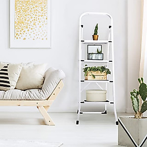 Delxo 4 Step Ladder Folding Step Stool, Heavy-Duty Sturdy Safety Tall Step Ladder Outdoor with Handrail Wide Pedal,White Lightweight Collapsible 4-Feet Step Stool Ladder for Adults Home Kitchen Indoor