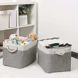 Bidtakay Baskets Set Fabric Storage Bins-White&Grey Bundled Baskets of 2 Large Baskets 16" X 11.8" X 11.8" + 3 Medium Baskets 15" X 11" X 9.5" for Closet, Shelves