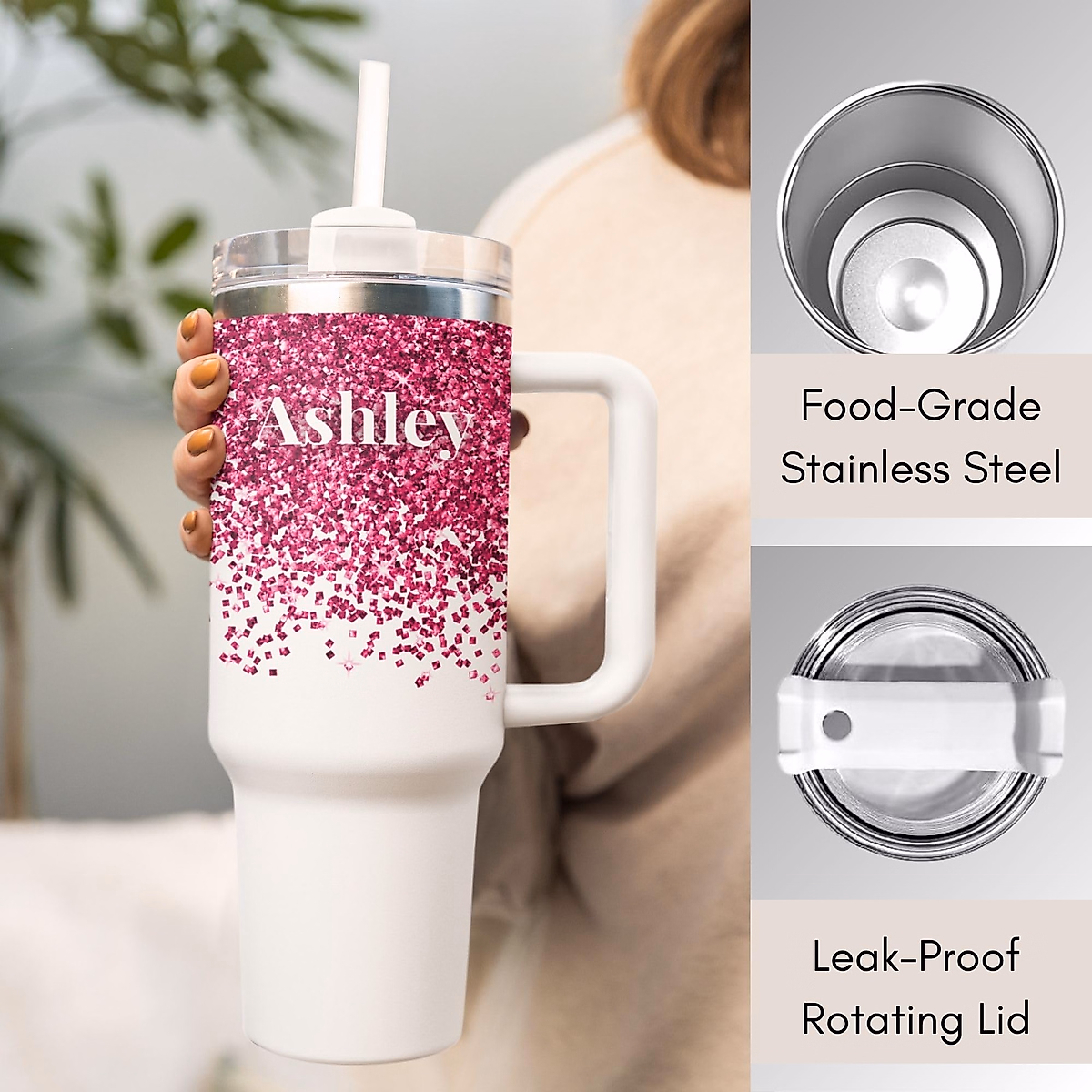Personalized 40 oz Tumbler With Handle And Straw Lid Glitter - Dishwasher Safe Stainless Steel Insulated Travel Mug - Custom Name Tumbler Gift For Women Mom Friend Teacher Nurse Her Birthday Christmas